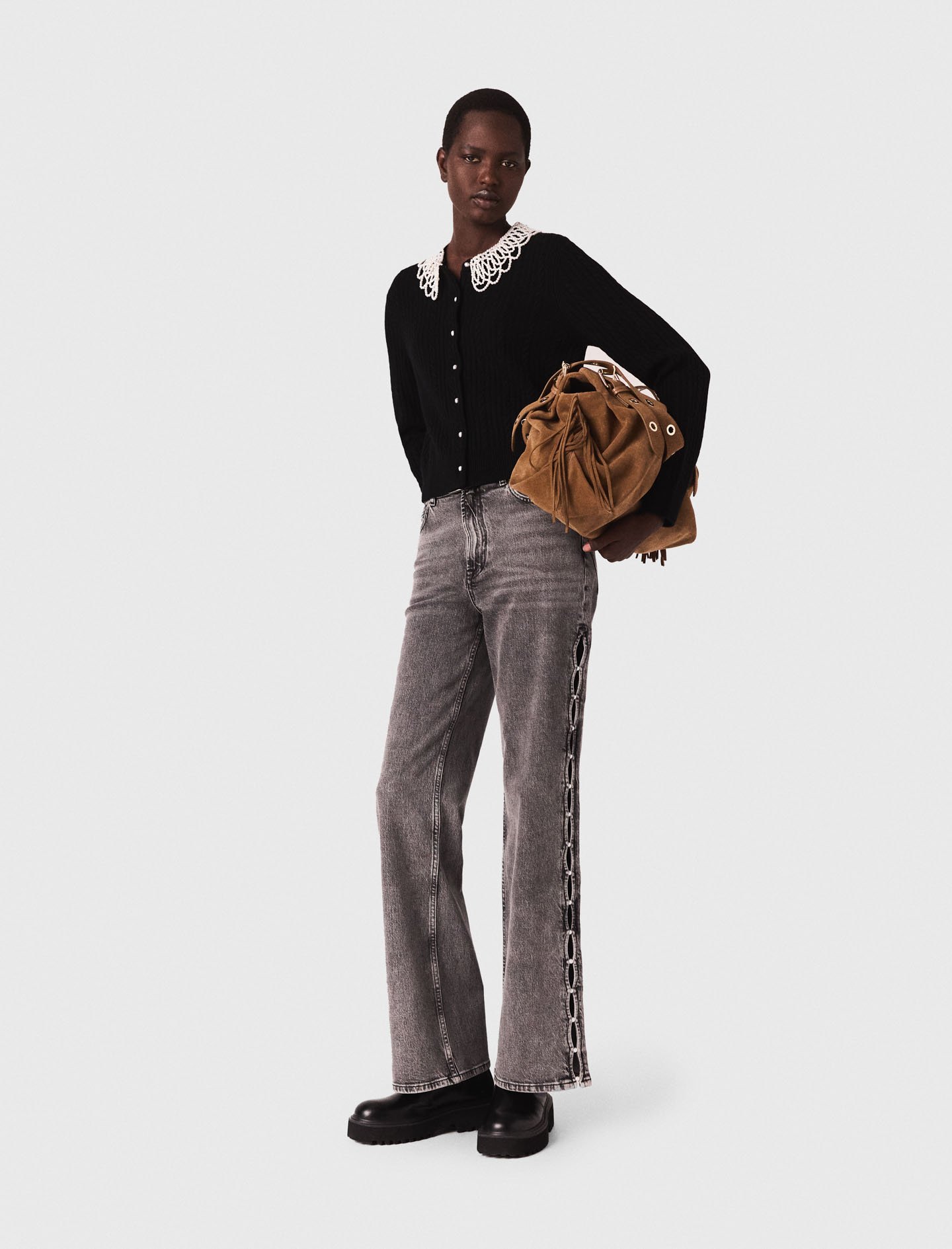 Cardigan avec col perlé amovible noir / gris pour femme | Maje