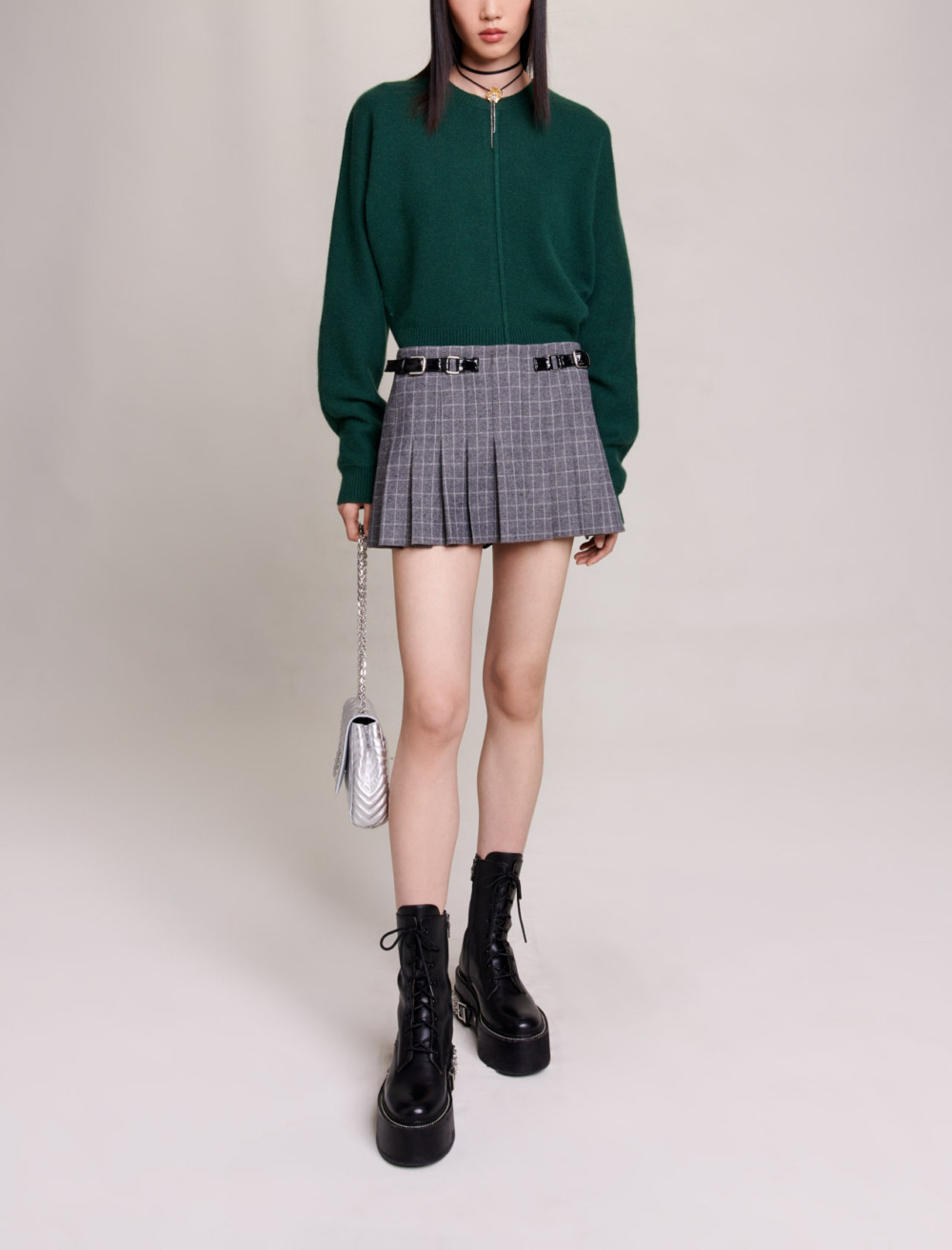 Jupe courte plissée noir / gris pour femme | Maje