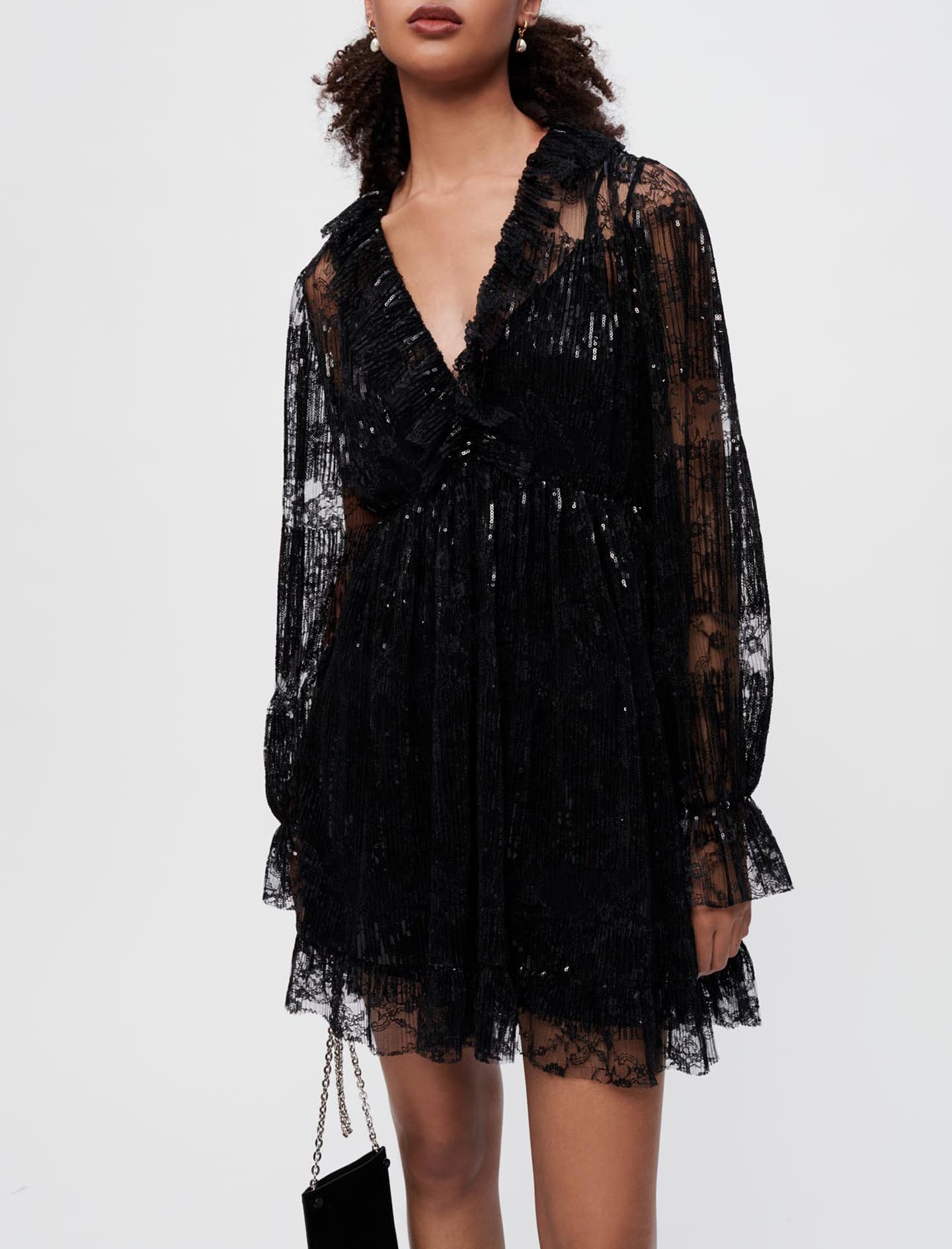 Robe en dentelle plissée noire noir / gris pour femme | Maje