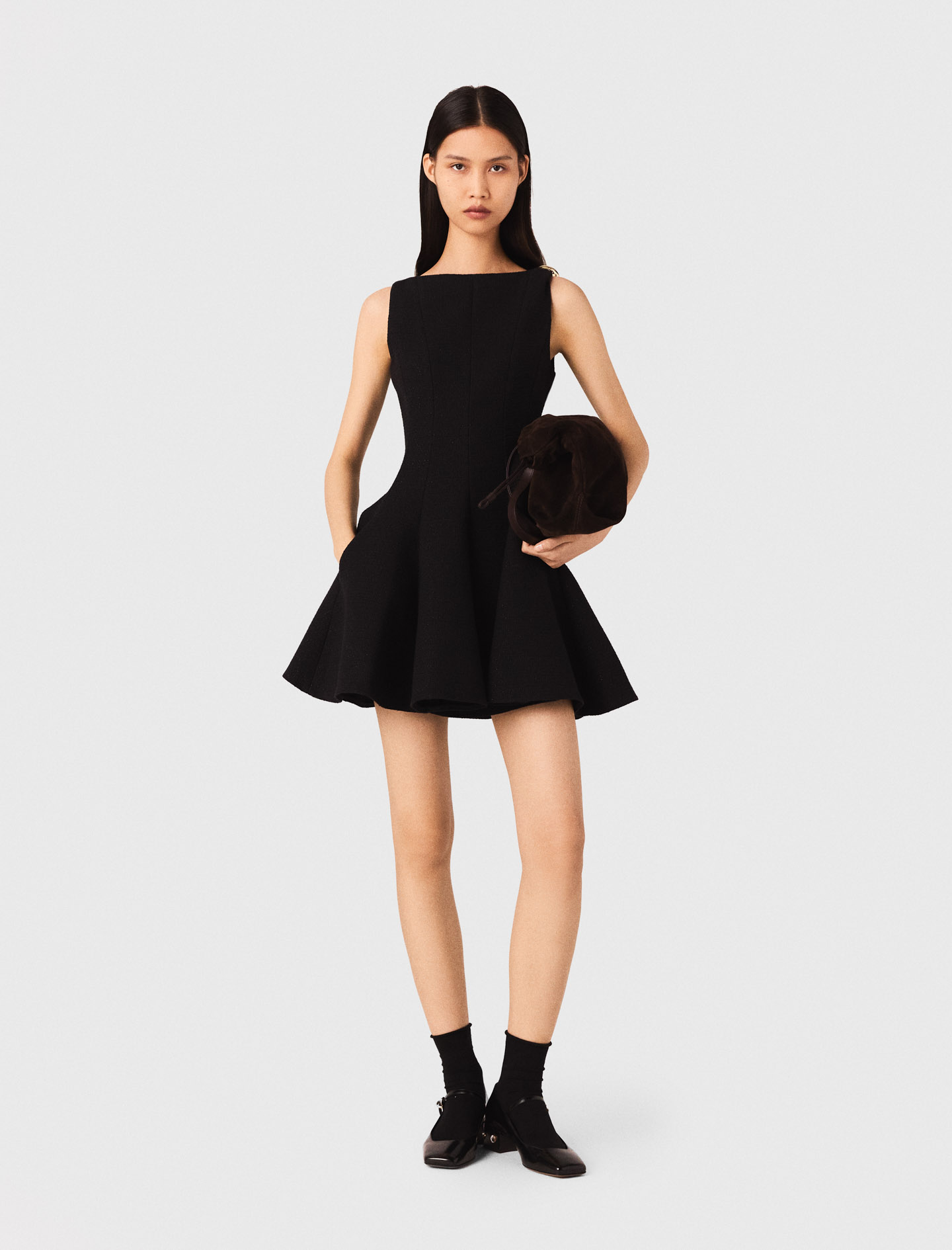 Robe courte évasée en tweed noir / gris pour femme | Maje