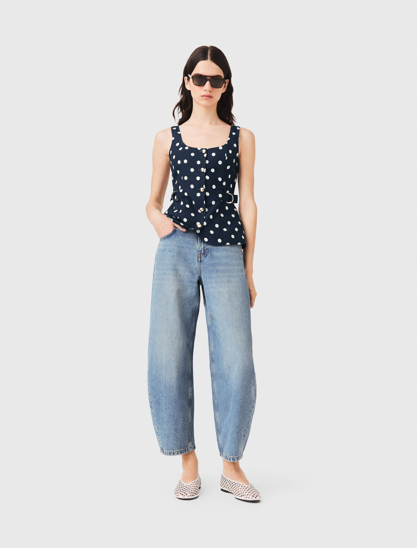 Veston long en lin mélangé Marine Pois Print pour femme | Maje