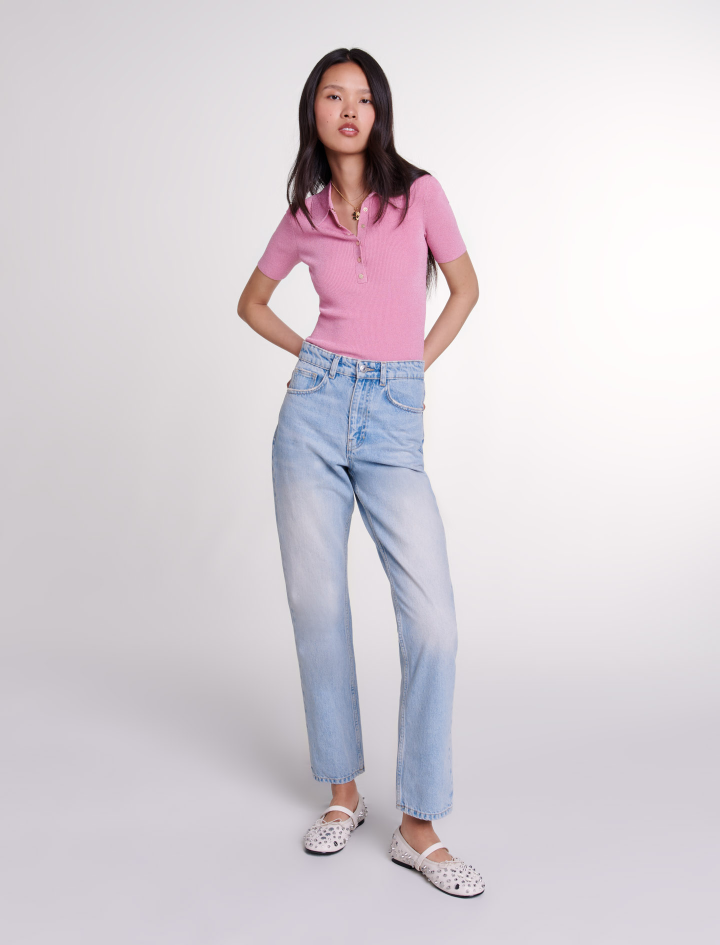 Polo en maille scintillante rose pour femme | Maje