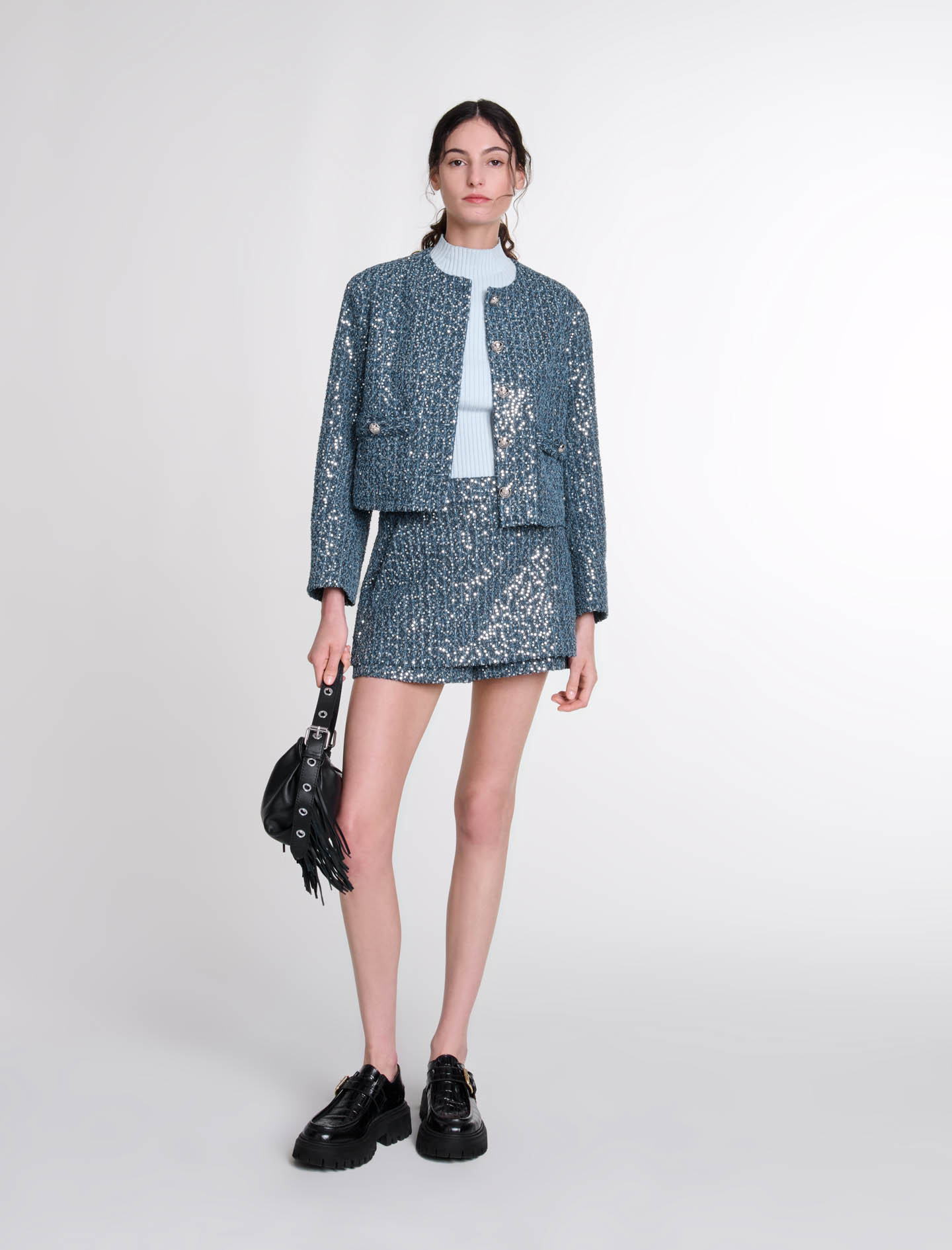 Veste en tweed ornée de sequins bleu pour femme | Maje