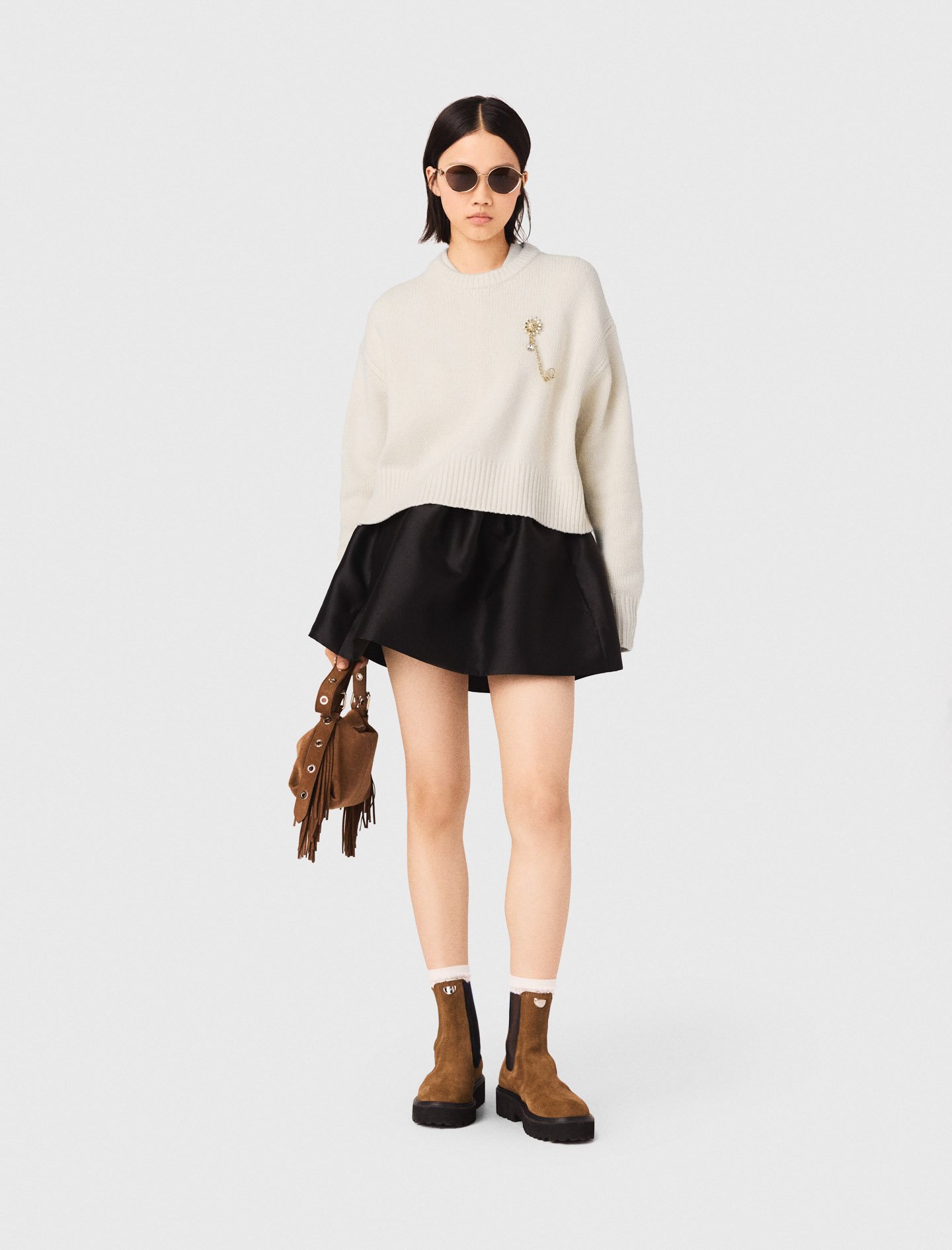 Pull avec broche florale Ecru pour femme | Maje